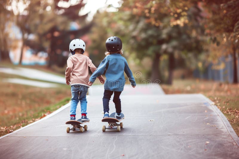 Two Children Racing on Skateboards Down a Skatepark Path Stock ...
