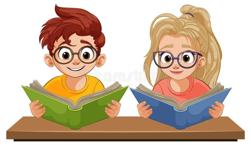 Two Children Reading Books at a Table Stock Vector - Illustration of ...