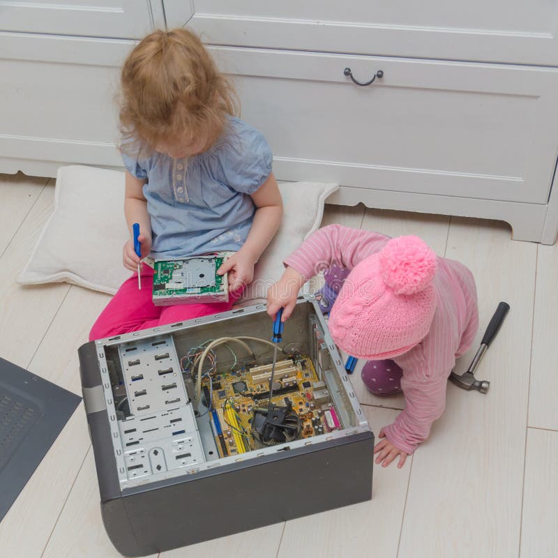 Two Children Repair a Computer, a System Unit Stock Image - Image of ...