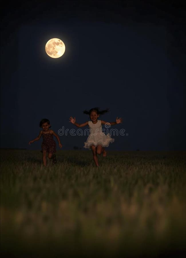 Two Children Running in the Grass Field Under a Full Moon in the Dark ...
