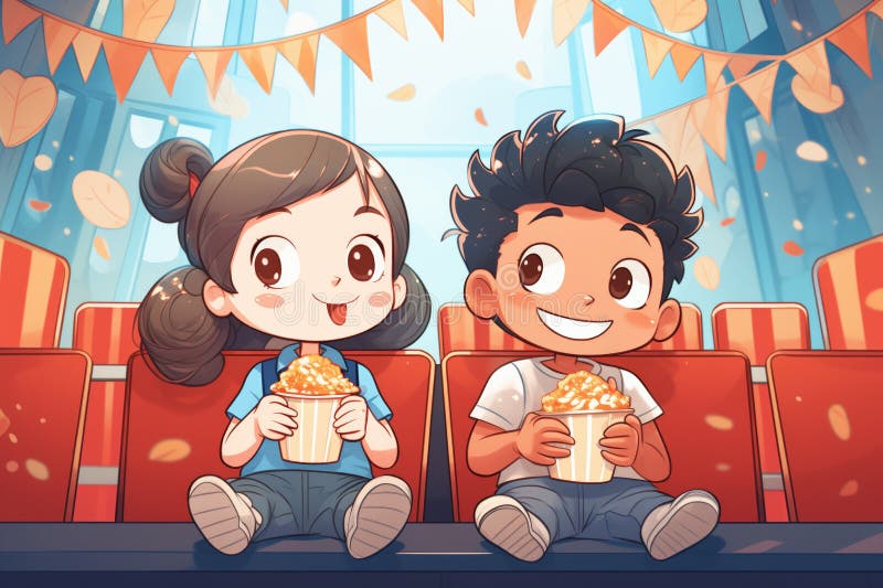 Two Children Sharing Popcorn in a Cinema Stock Image - Image of sharing ...