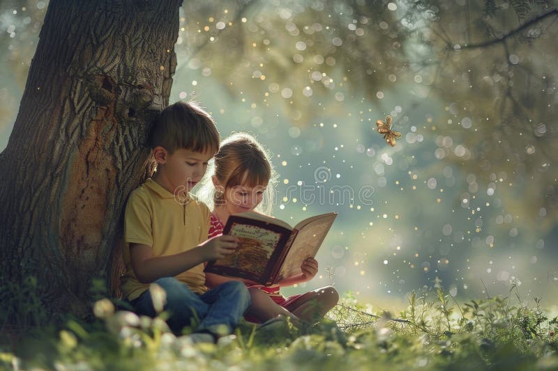 Two Children Sit Under a Large Tree Reading a Book on a Sunny Day, Two ...