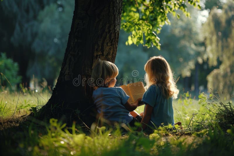 Two Children Sit Under a Tree Reading a Book Together on a Sunny ...