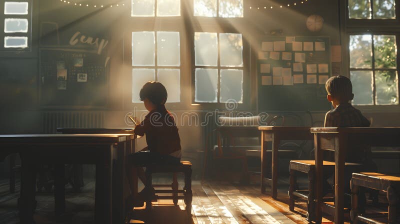 Two Children Sitting Alone in a Sunlit Classroom with Warm Light ...
