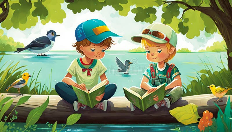 Two Children Sitting on Log Reading Book. Generative AI Stock ...