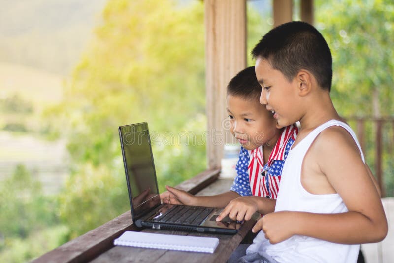 Two Children Study Internet Research Stock Image - Image of cheerful ...