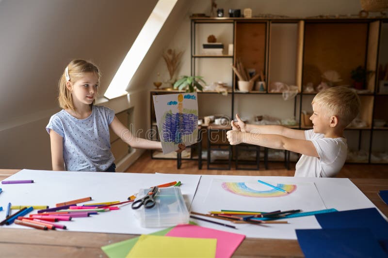 Two Children at the Table in Drawing Class Stock Image - Image of ...