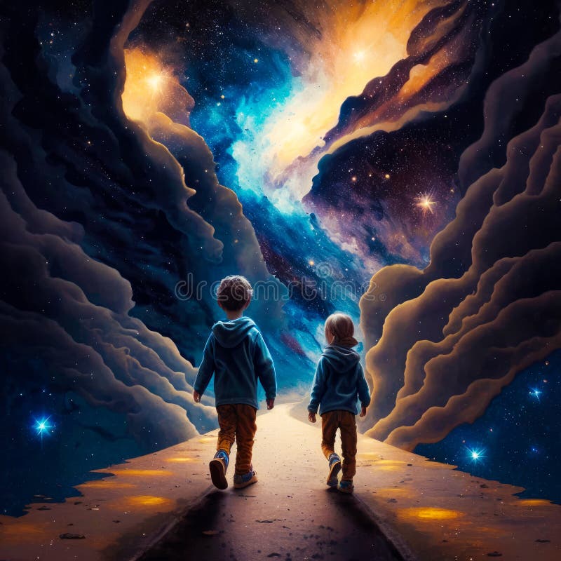 Two Children Walking Down Path in Front of Starry Sky. Generative AI ... Two Children Walking Down Path in Front of Starry Sky. Generative AI ...