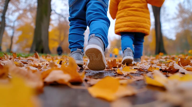 Two Children Walking in a Park with Leaves on the Ground, AI Stock ...