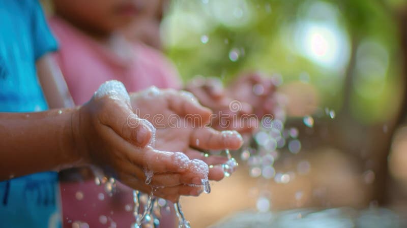 Two Children are Washing Their Hands with Water from a Hose, AI Stock ...