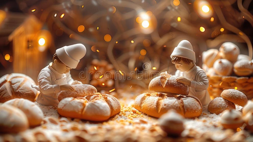Adorable Baker Figurines with Freshly Baked Bread Stock Illustration ...