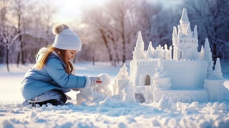 Two Children Who Make a Castle from Snow and Decorate it with Branches ...