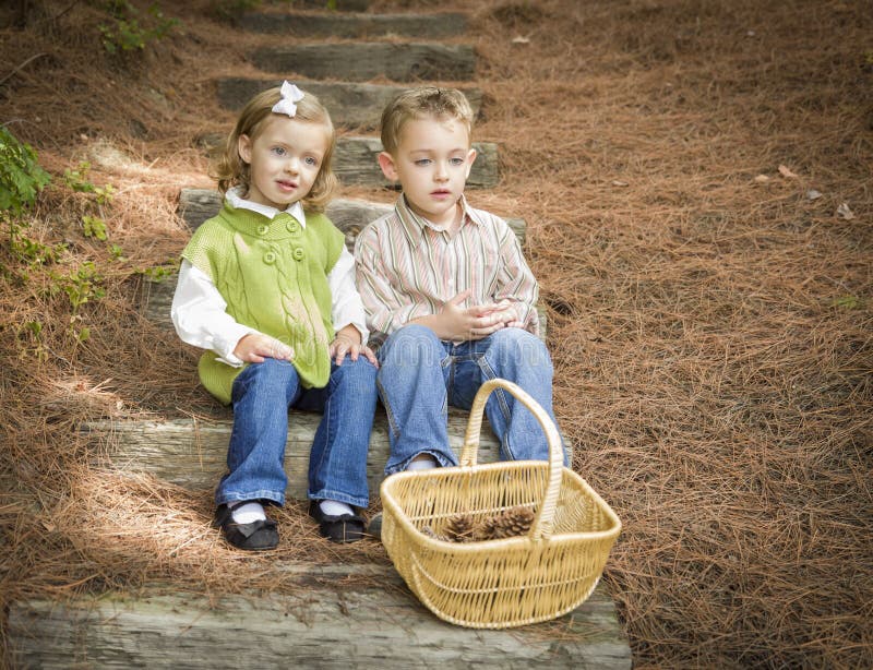 Two Children on Wood Steps with Basket of Pine Cones Stock Image ...