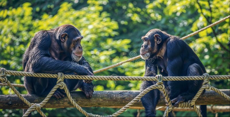 Two Chimpan Monkeys are on the Tree Limb in the Jungle Stock Photo ...