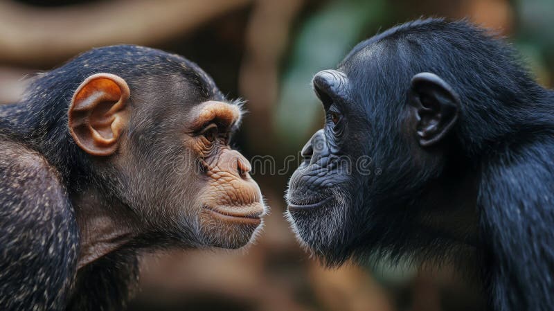 Two Chimpanzees Face Each Other in Close-Up Portrait Stock Illustration ...