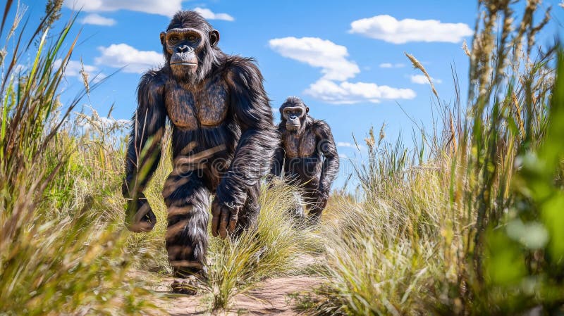 Two Chimpanzees Walking on a Path in the Savanna Under a Blue Sky with ...