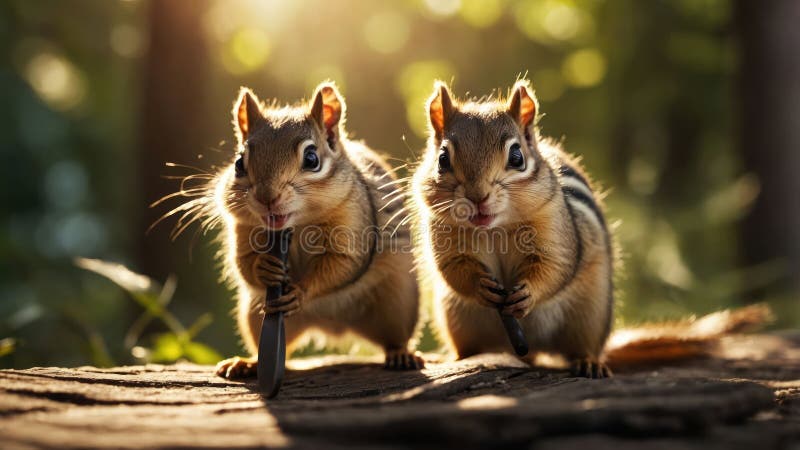 Adorable Chipmunk Duo at Sunset, Holding Tiny Tools Stock Illustration ...