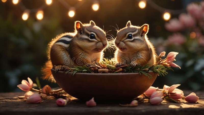 Two Adorable Chipmunks Sharing a Bowl at Sunset Stock Illustration ...