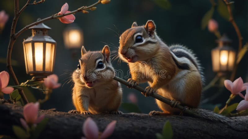 Two Adorable Chipmunks at Night with Lanterns and Blossoms Stock ...