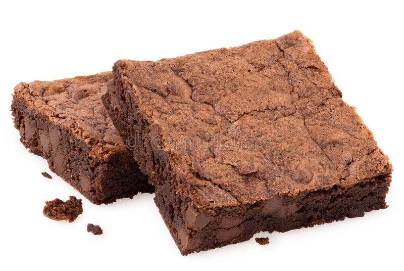 Two Chocolate Brownies with Chocolate Chips Next To Crumbs Isolated on ...
