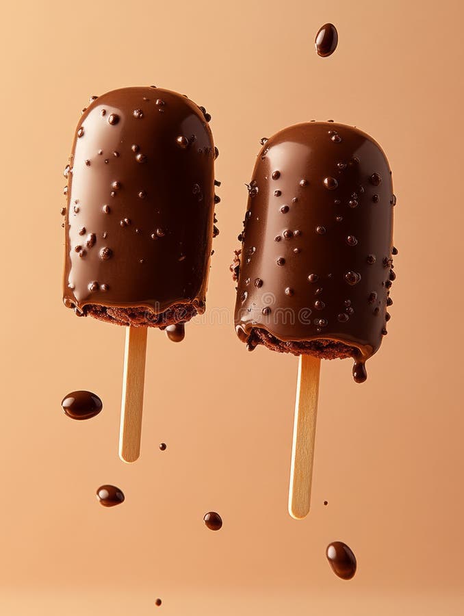 Two Chocolate-coated Ice Cream Popsicles with Droplets. Stock Image ...