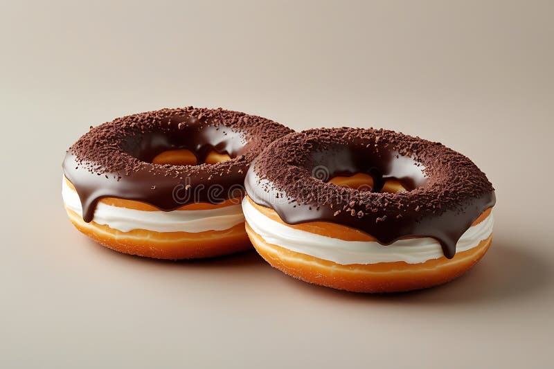 Two Chocolate Cream Filled Donuts on a Plain Surface Stock Illustration ...