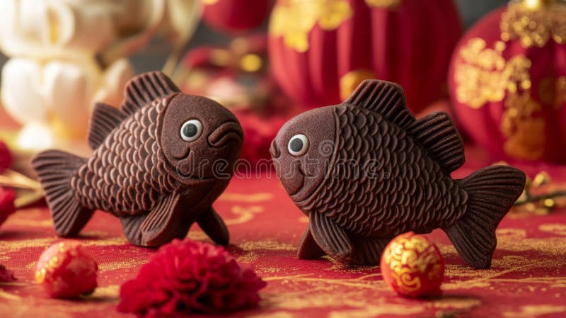 Two Chocolate Fish on Red Festive Table Setting Stock Illustration ...