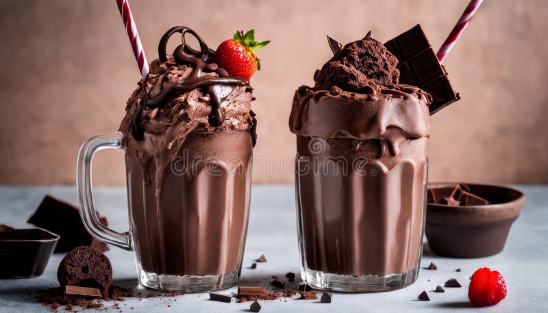 Two Chocolate Milkshakes with Straws and Chocolate Chips Stock ...