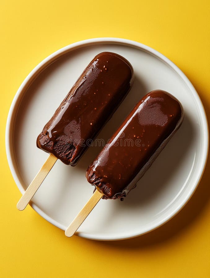 Two Chocolate Popsicles White Plate Yellow Background Stock Photos ...