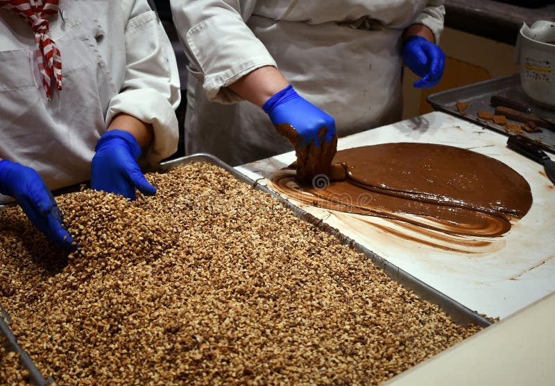 Two Chocolate Workers Making Candy Bars Stock Photo - Image of cocoa ...