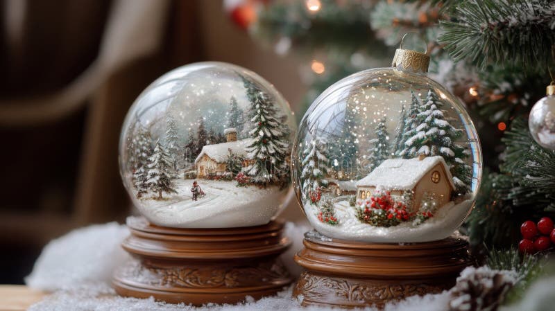 Two Christmas Snow Globes Depicting Winter Scenes Stock Illustration ...