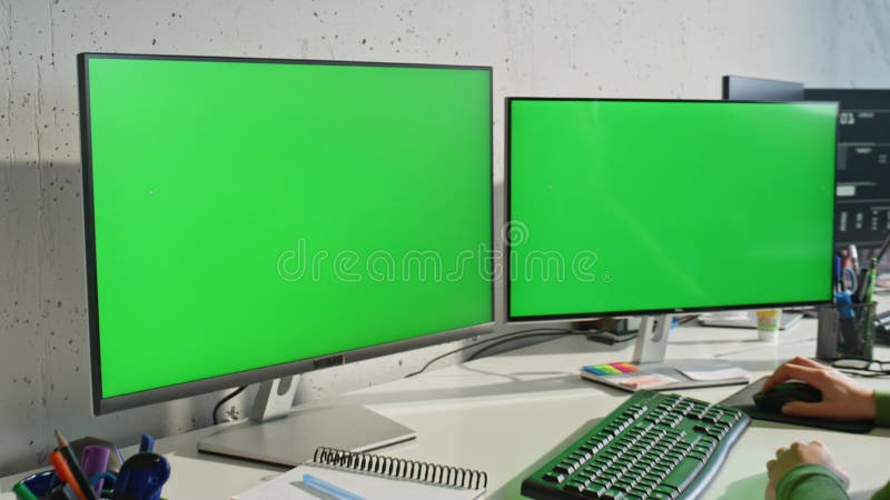 Two Chroma Key Displays Standing at Office Table Zoom Out. Retoucher ...