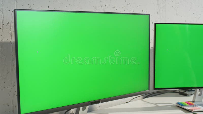 Two Chromakey Computers Standing Table in Work Room Zoom Out. Woman ...