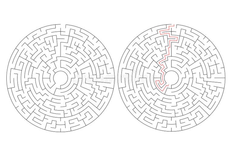 Two Circular Mazes One Solved with a Red Colored Path Stock ...