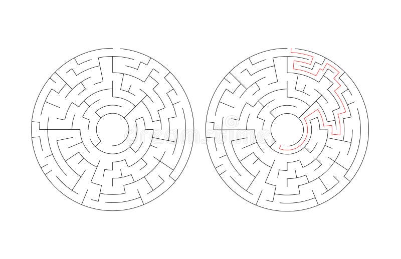 Two Circular Mazes One Solved with a Red Line Solution Stock ...