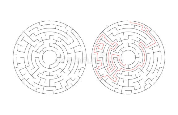 Two Circular Mazes One Solved with a Red Path Shown Stock Illustration ...