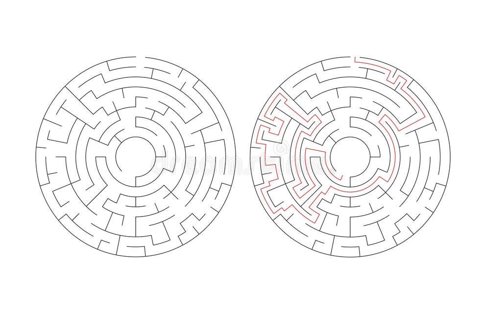 Two Circular Mazes One Solved with a Red Path Shown Stock Illustration ...