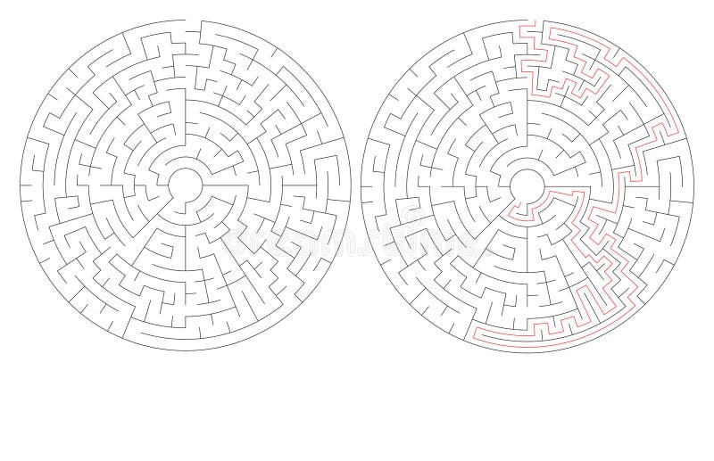 Two Circular Mazes One Solved with a Red Path Shown Stock Vector ...