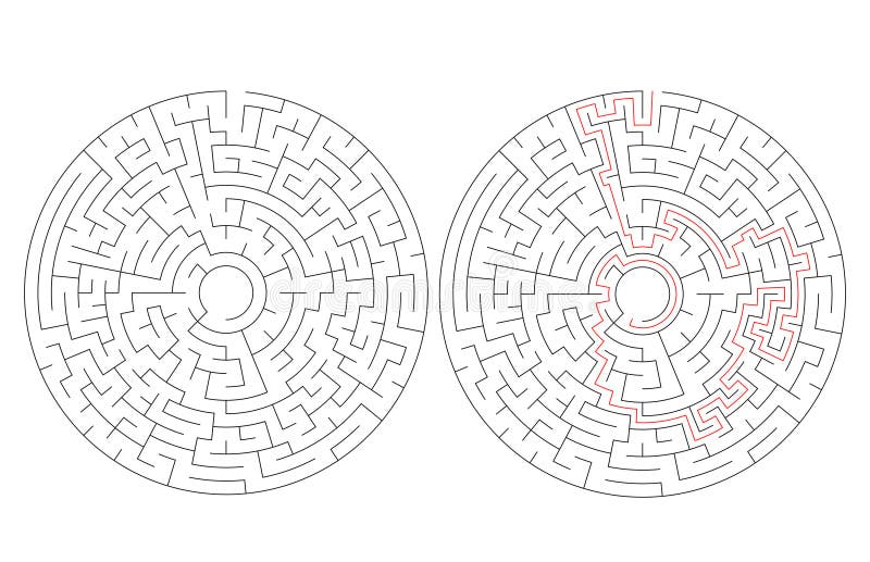 Two Circular Mazes One Solved with a Red Path Shown Stock Illustration ...