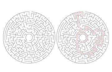 Two Circular Mazes One Solved with a Red Path Shown Stock Illustration ...
