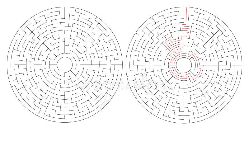 Two Circular Mazes One Solved with a Red Line Solution Stock ...