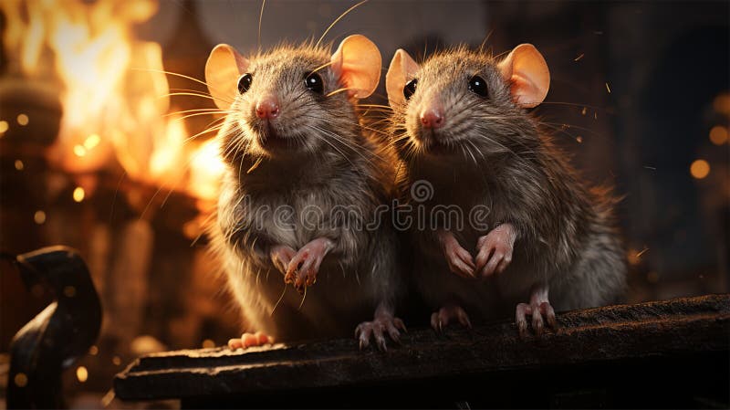 Two City Rats Against the Backdrop of a Burning Fire. Stock Photo ...