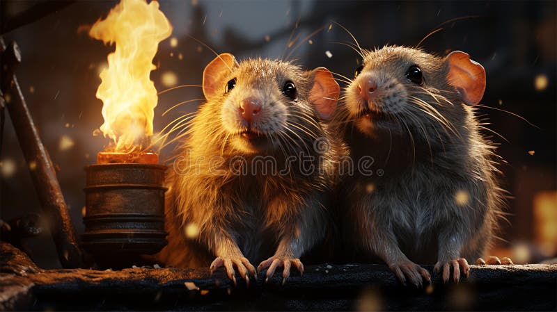 Two City Rats Against the Backdrop of a Burning Fire. Stock Image ...