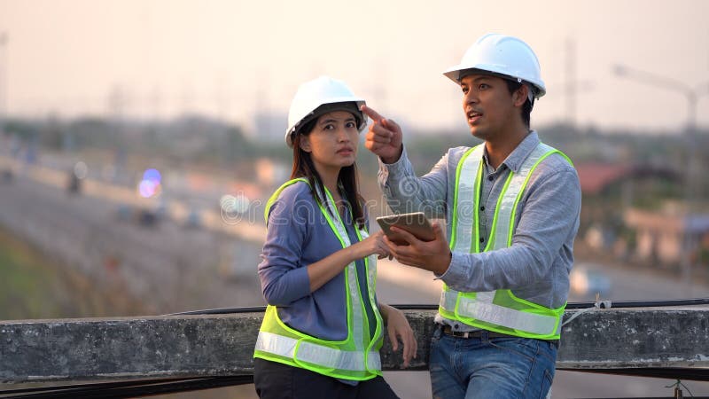 Two Civil Engineering Working with Tablet on Bridge Highway Stock Photo ...