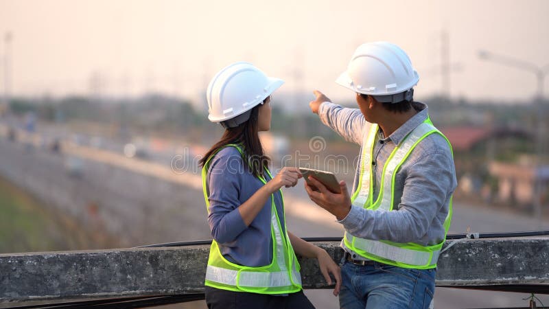 Two Civil Engineering Working with Tablet on Bridge Highway Stock Image ...