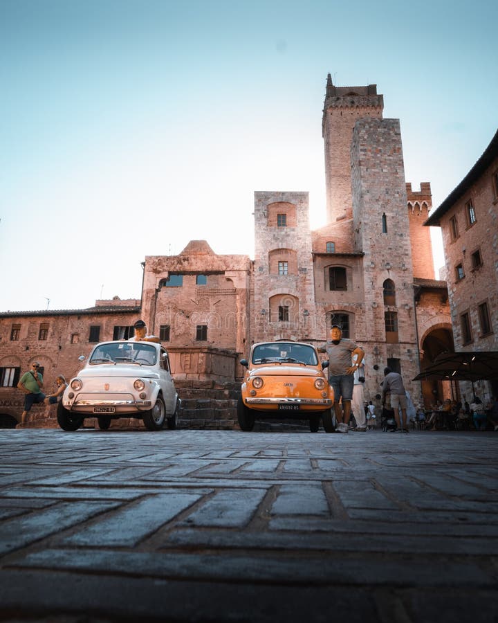 Two Classic Fiat 500 in San Gimignano`s Main Square Editorial Stock ...