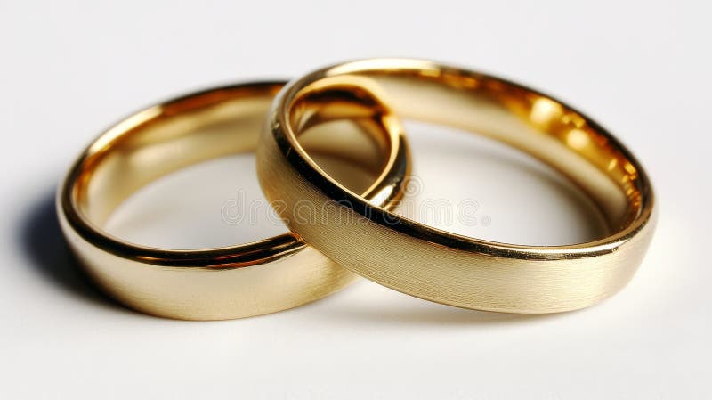 Two Classic Gold Wedding Rings Interlocked on a Reflective White ...