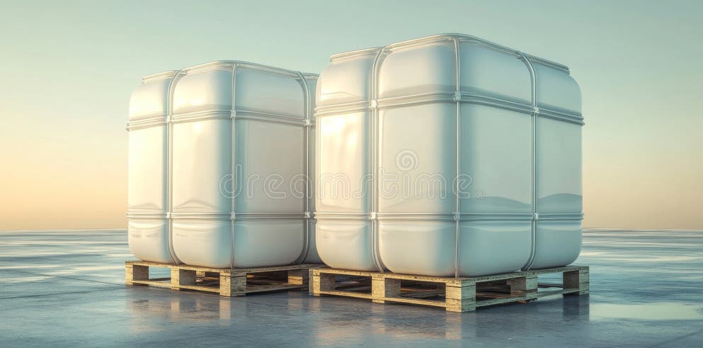Two Clean White IBC Liquid Containers, 3D Visual, Drone Shot, Plain ...