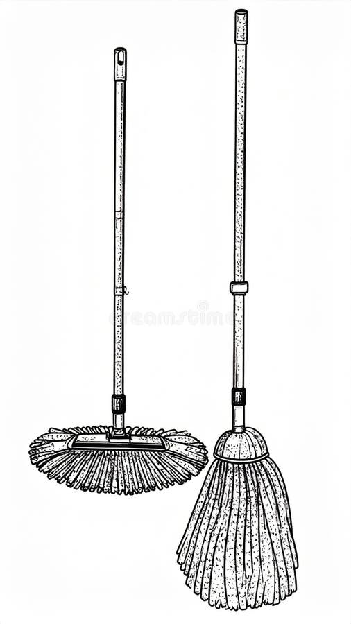 Two Cleaning Mops with Long Handles on White Background Stock Illustration - Illustration of ...