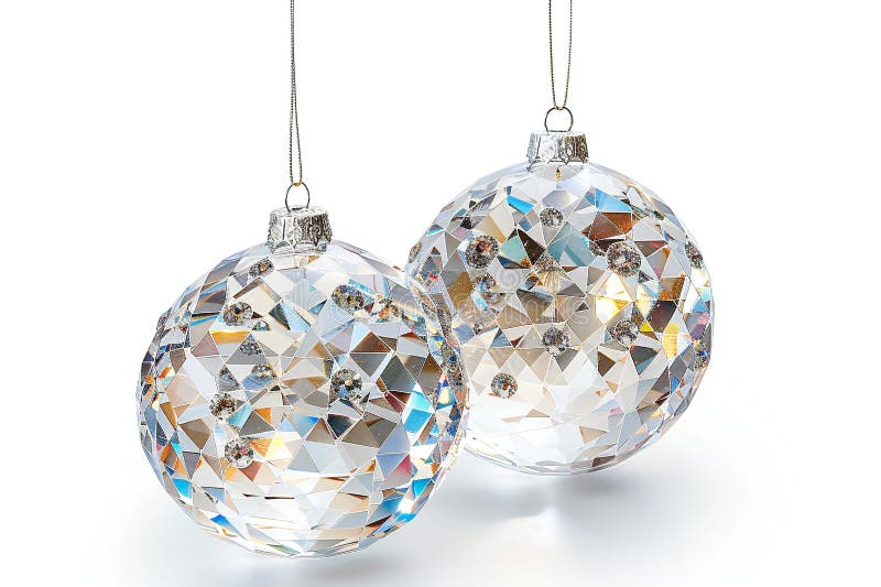 Two Clear Crystal Ball Ornaments Hanging on White Background, with One ...